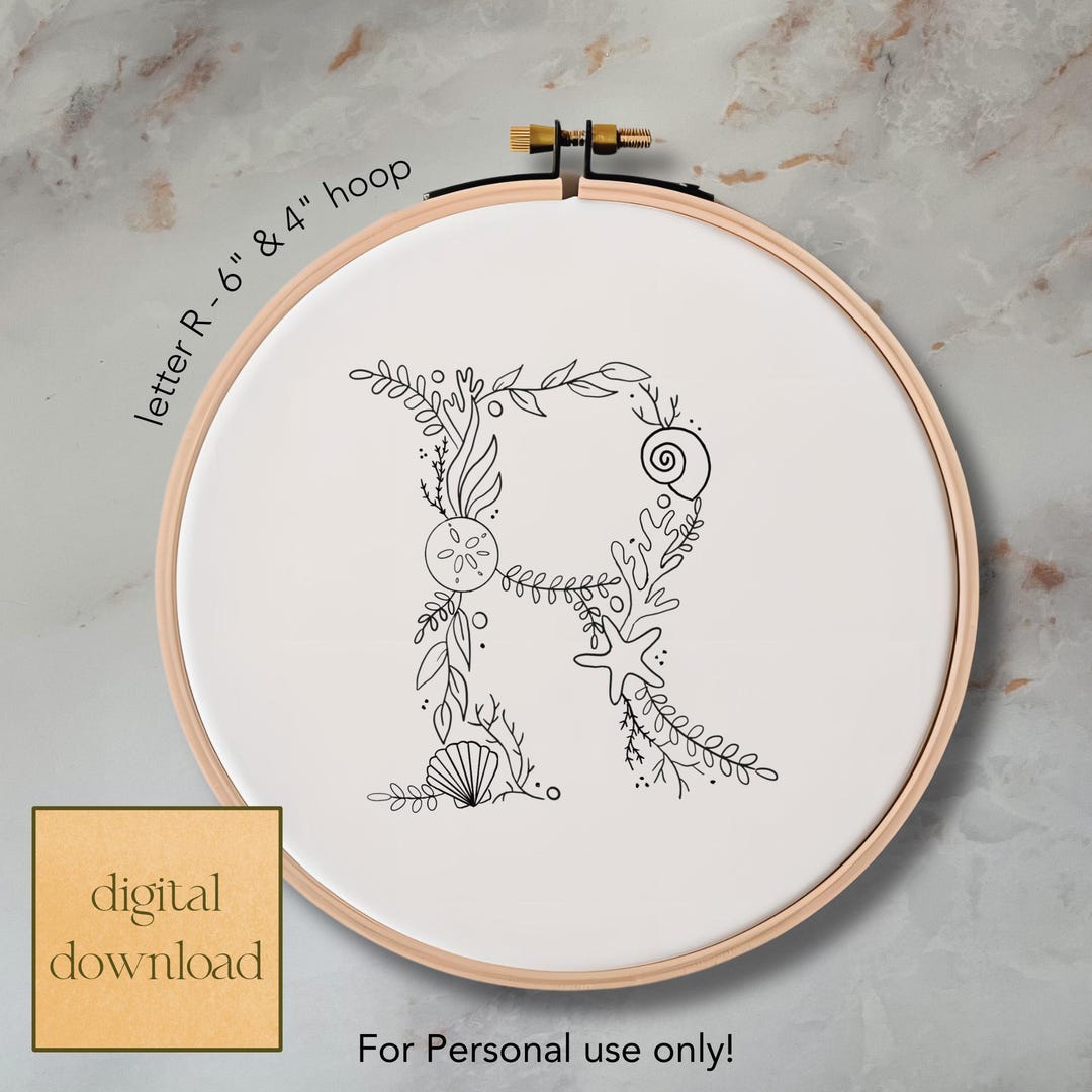Mermaid Letter R Hand Embroidery Pattern for 6 and 4 Inch Hoop; Sea ...