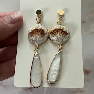 Hand Embroidered Scallop Shell Earrings With Mother of Pearl Drop ...