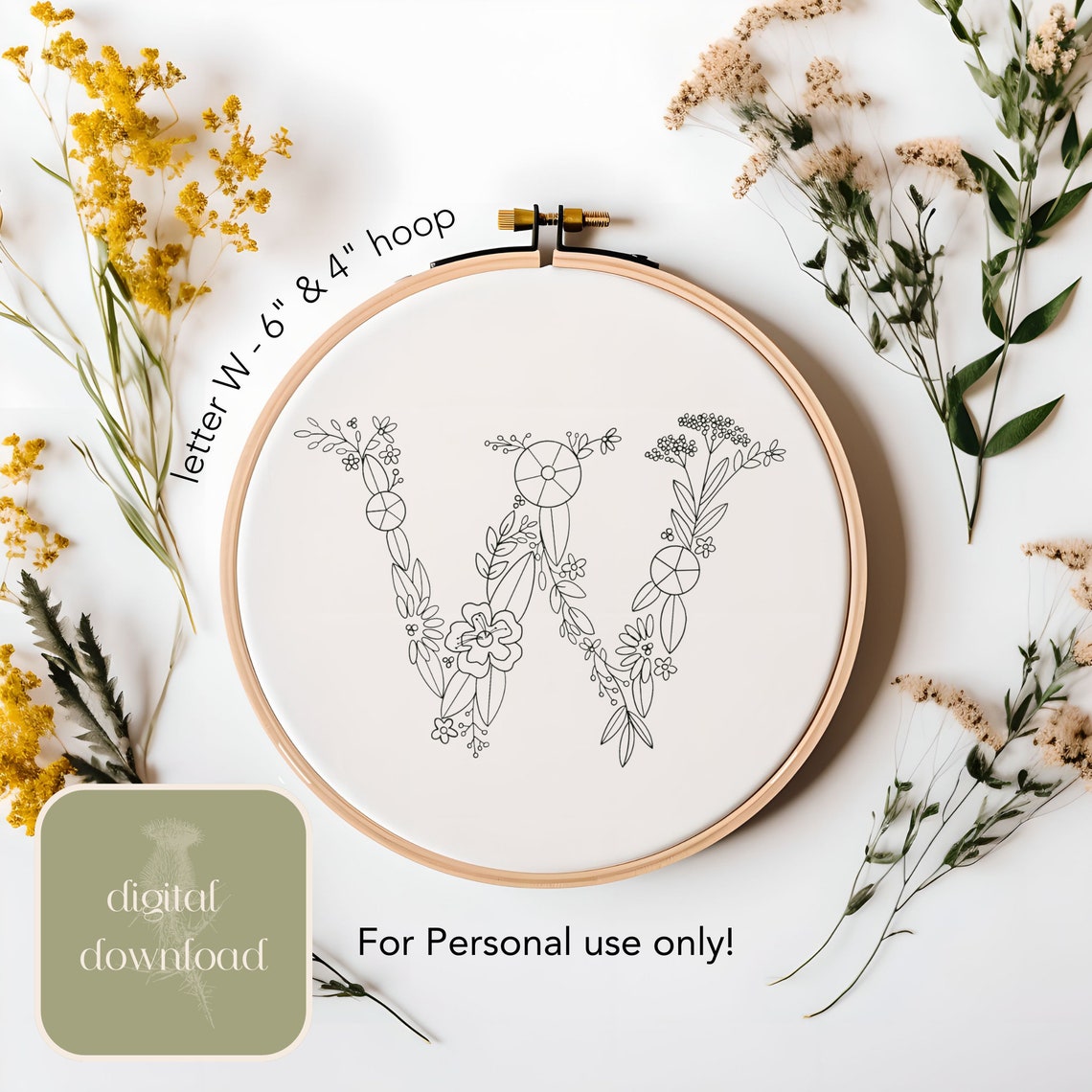 Floral Letter W Hand Embroidery Pattern for 6 and 4 Inch Hoop Whimsical ...