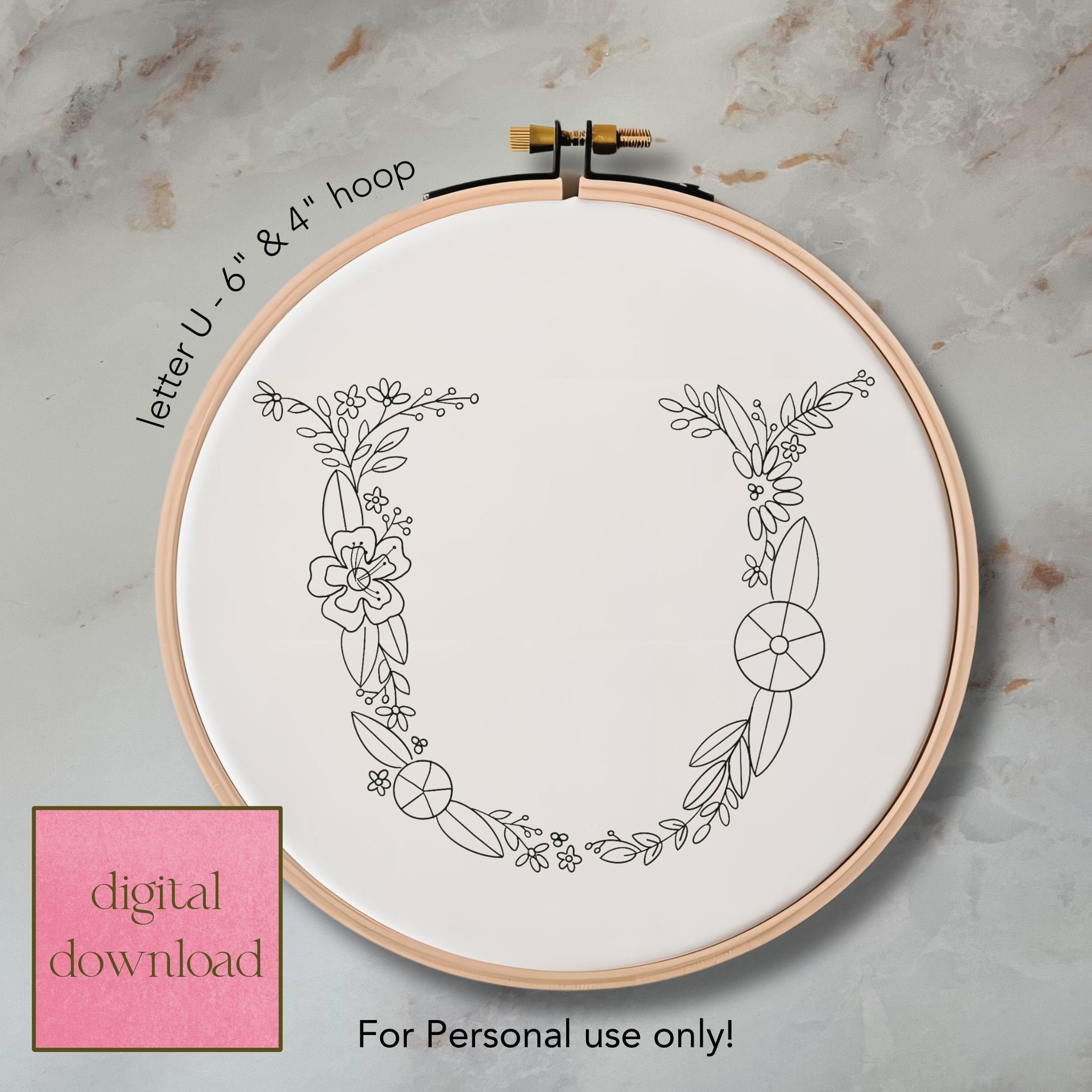 Floral Letter U Hand Embroidery Pattern for 6 and 4 Inch Hoop ...