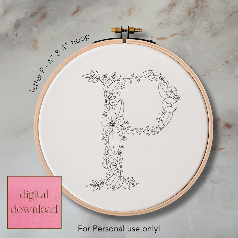 Floral Letter P Hand Embroidery Pattern for 6 and 4 Inch Hoop Whimsical ...