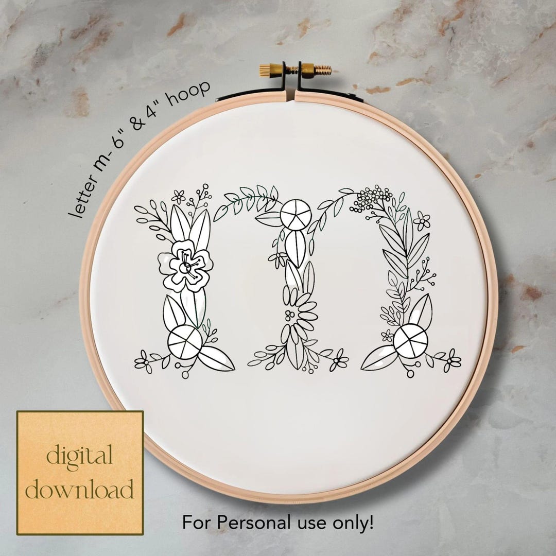Floral Letter Lowercase M Embroidery Pattern: Whimsical Design (digital ...