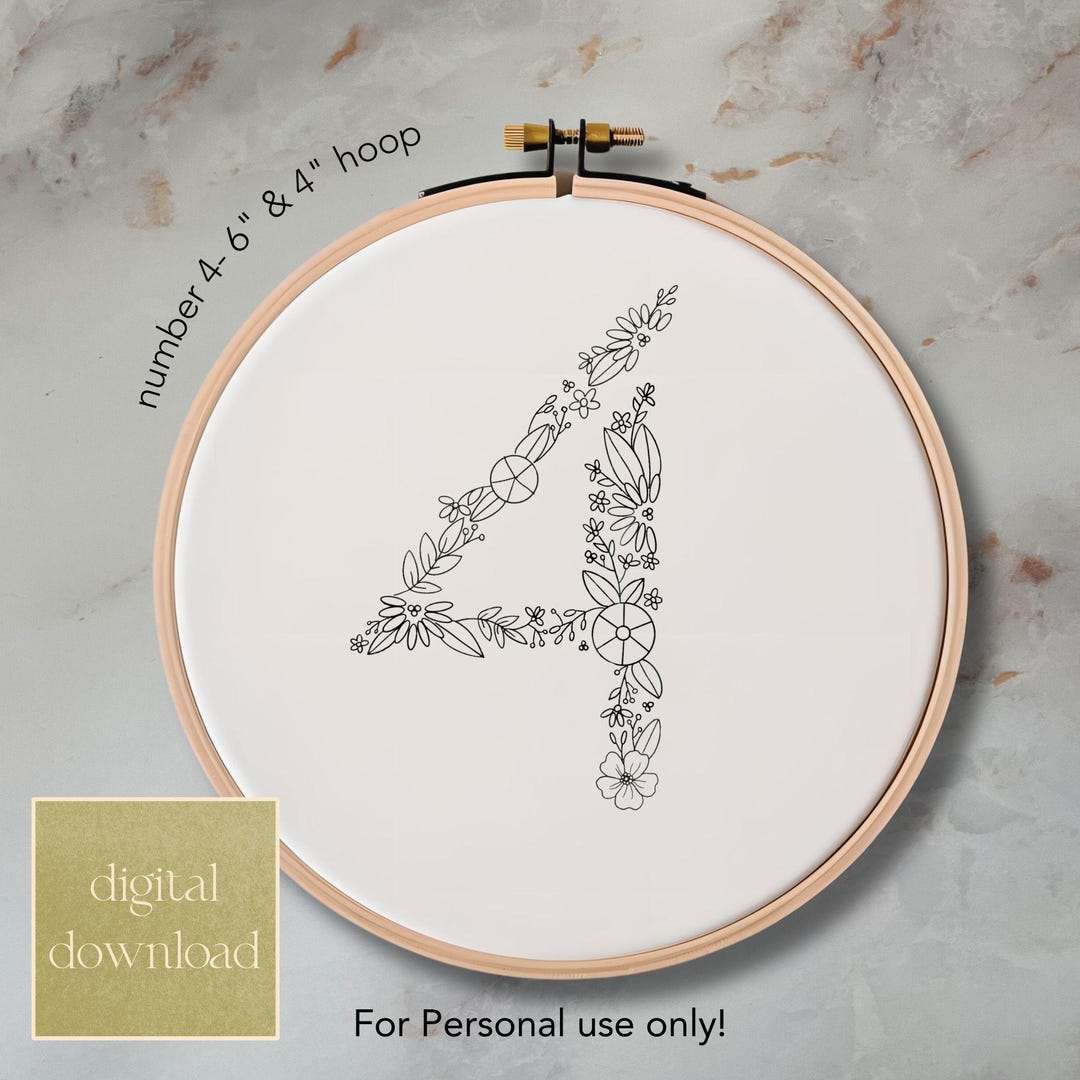 Floral Number 4 Hand Embroidery Pattern: Whimsical Design (digital ...