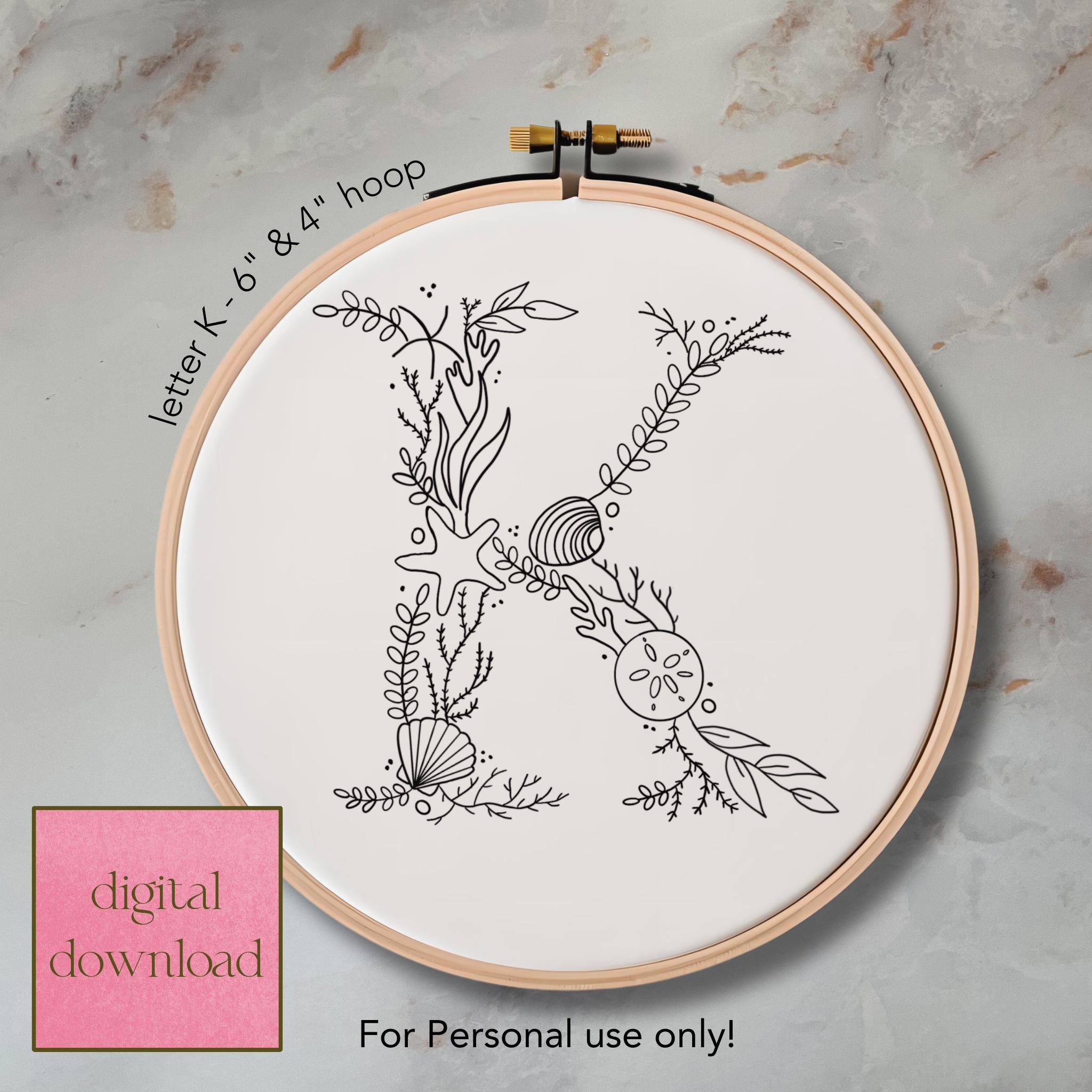 Mermaid Letter K Hand Embroidery Pattern for 6 and 4 Inch Hoop; Sea ...