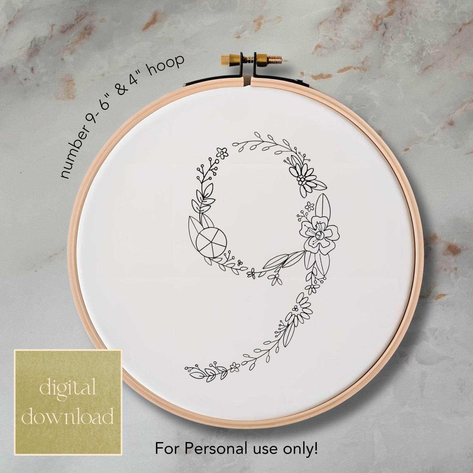 Floral Number 9 Hand Embroidery Pattern for 6 and 4 Inch Hoop ...