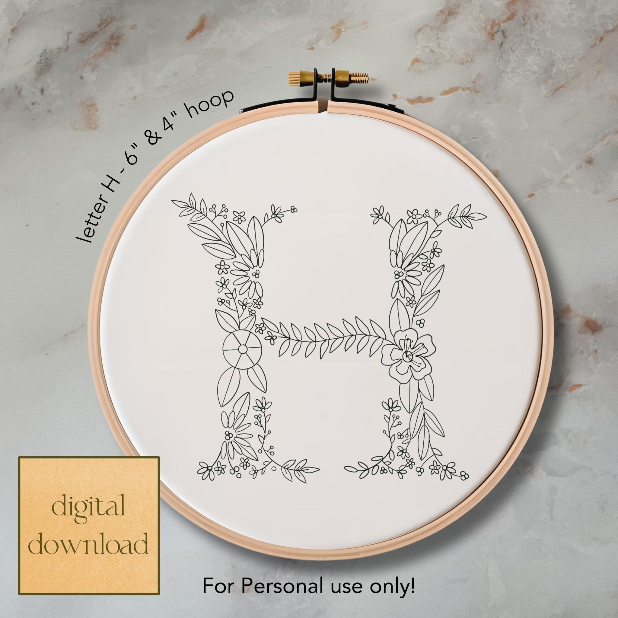 Floral Letter H Hand Embroidery Pattern for 6 and 4 Inch Hoop ...