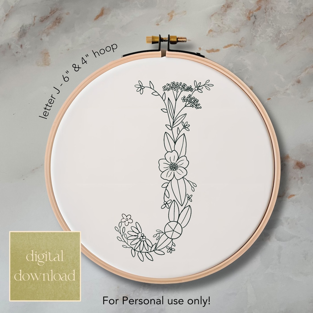 Floral Letter J Hand Embroidery Pattern: Whimsical Design (digital ...
