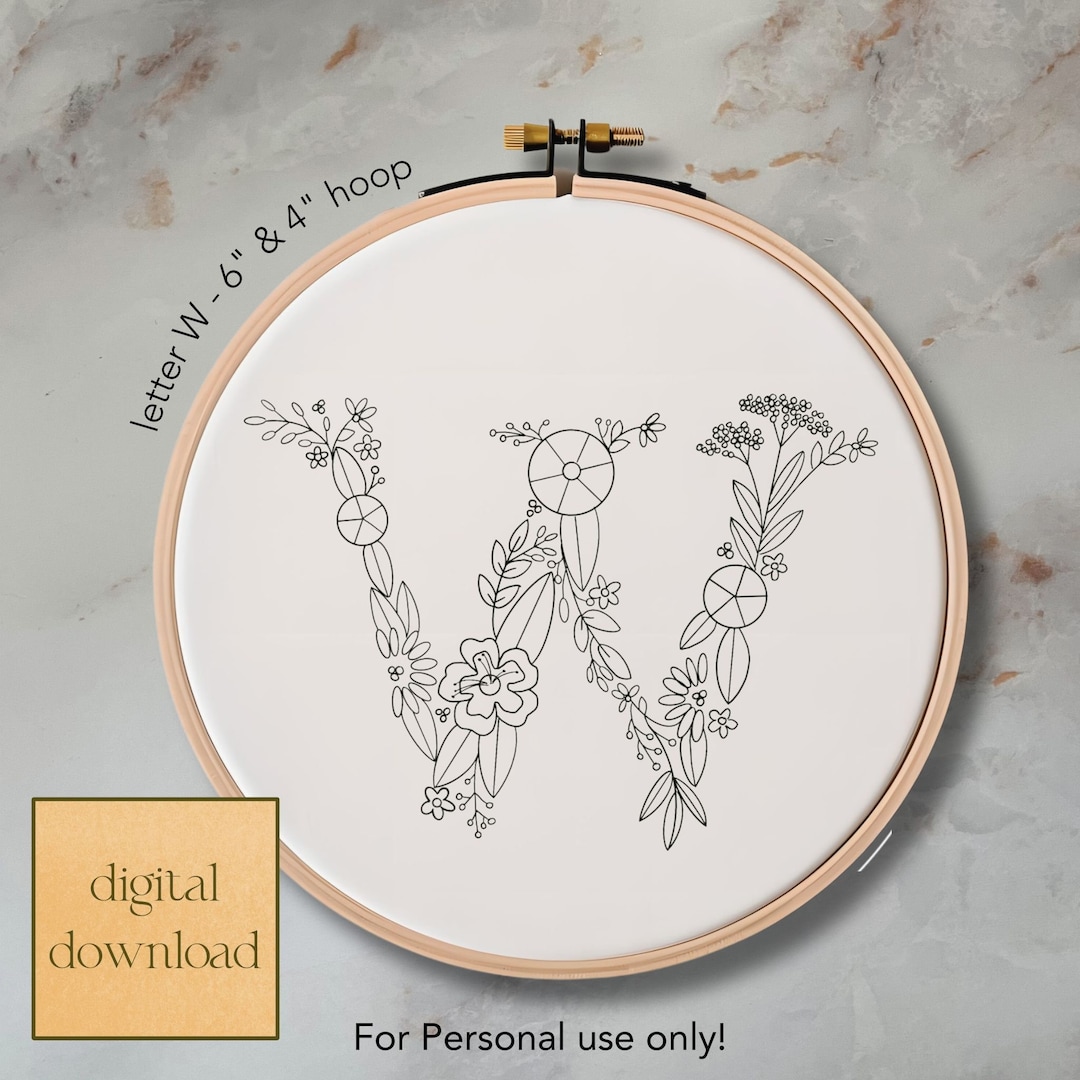 Floral Letter W Hand Embroidery Pattern: Whimsical Design (digital ...