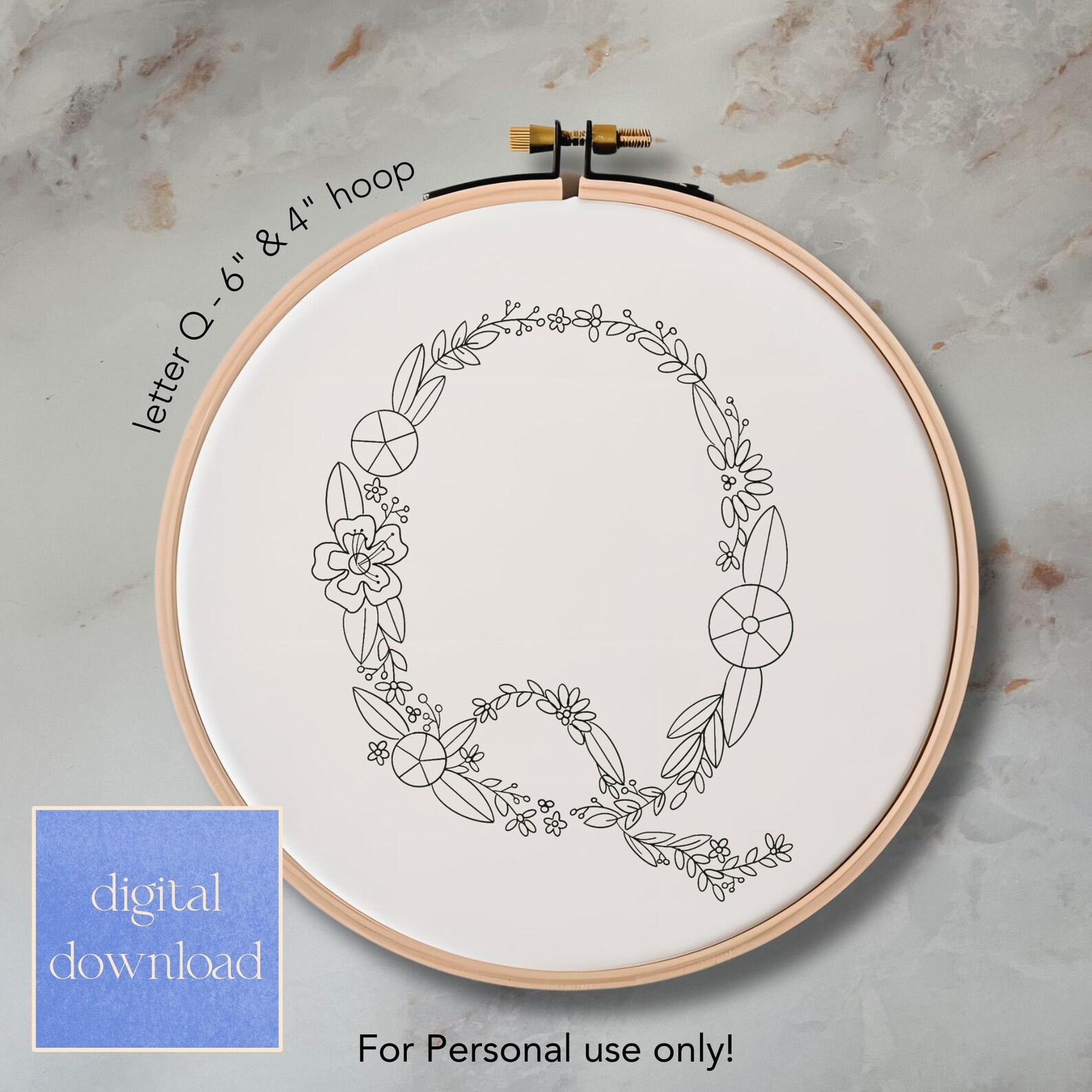 Floral Letter Q Hand Embroidery Pattern for 6 and 4 Inch Hoop ...