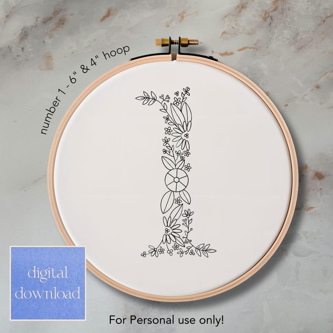 Floral Number 1 Hand Embroidery Pattern for 6 and 4 Inch Hoop ...