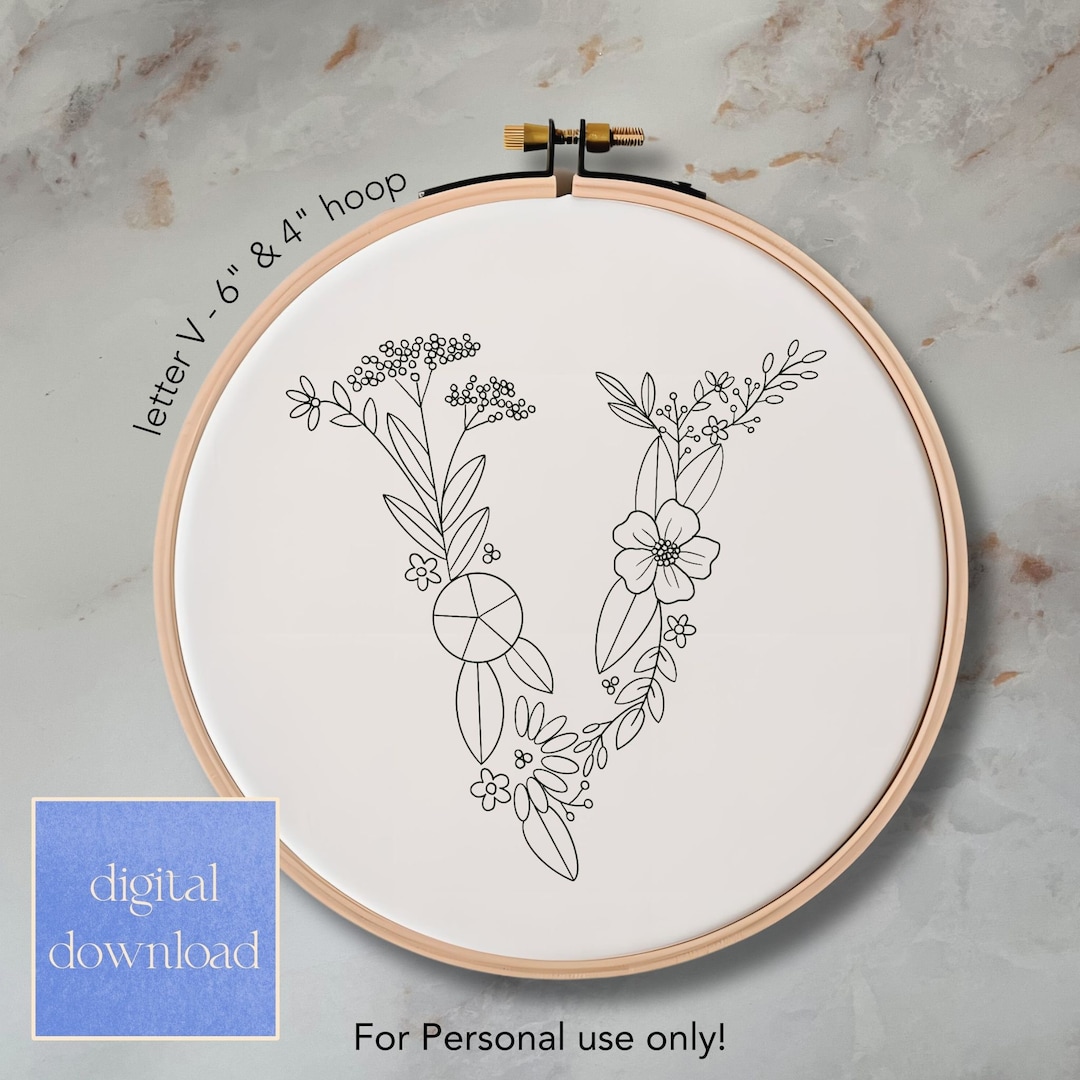 Floral Letter V Hand Embroidery Pattern for 6 and 4 Inch Hoop ...