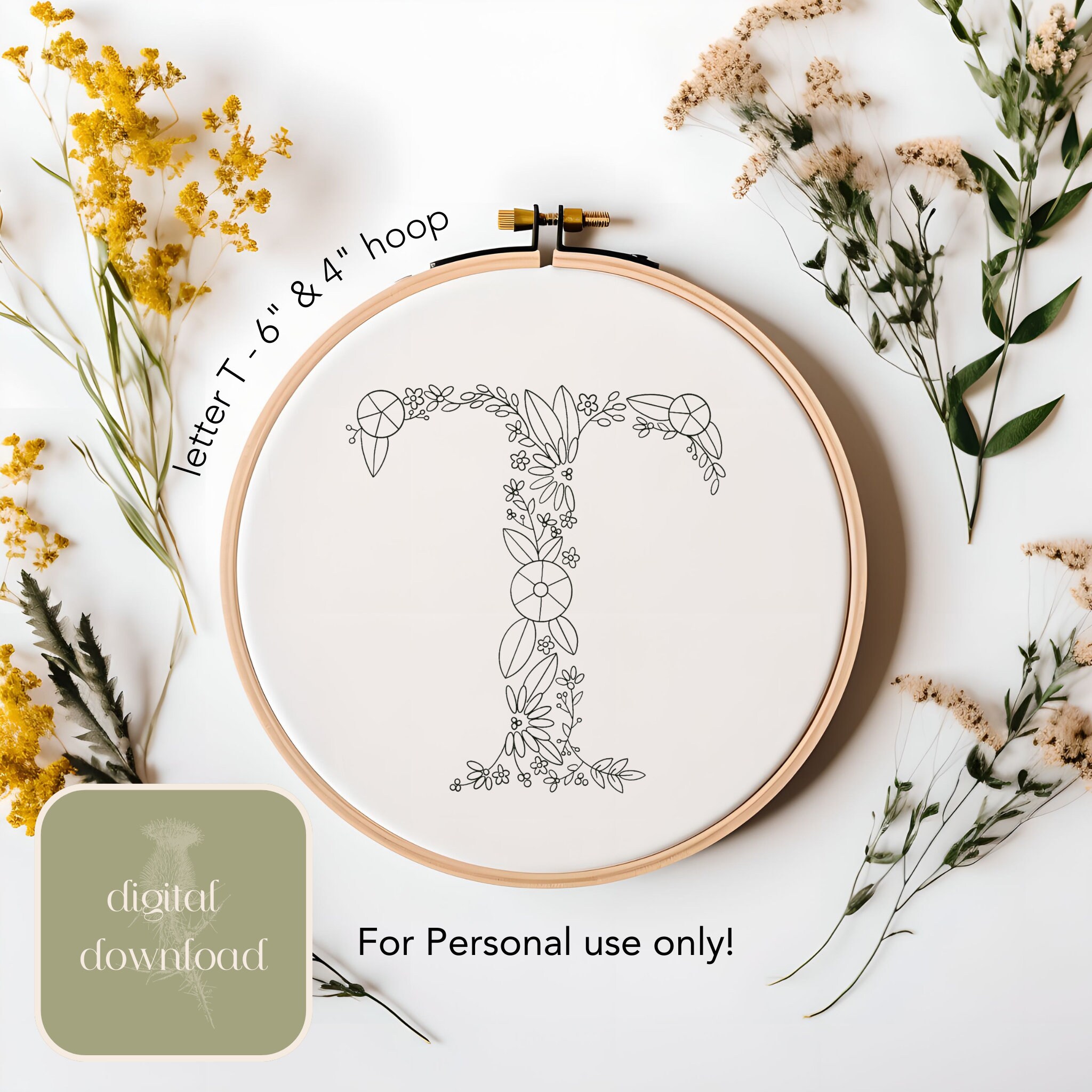 Floral Letter T Hand Embroidery Pattern for 6 and 4 Inch Hoop Whimsical ...