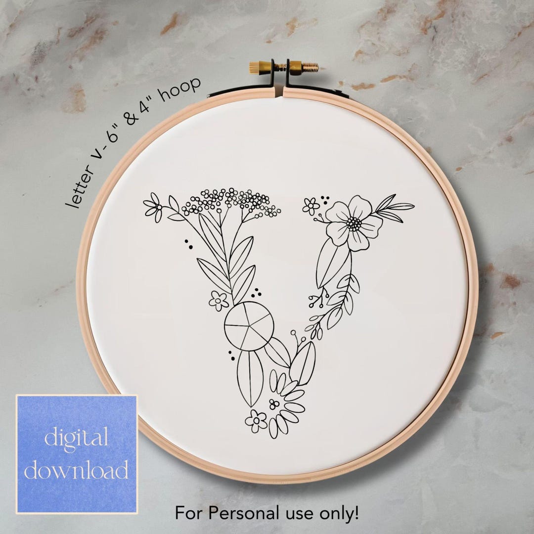 Floral Letter V Embroidery Pattern: Whimsical Design (digital Download ...