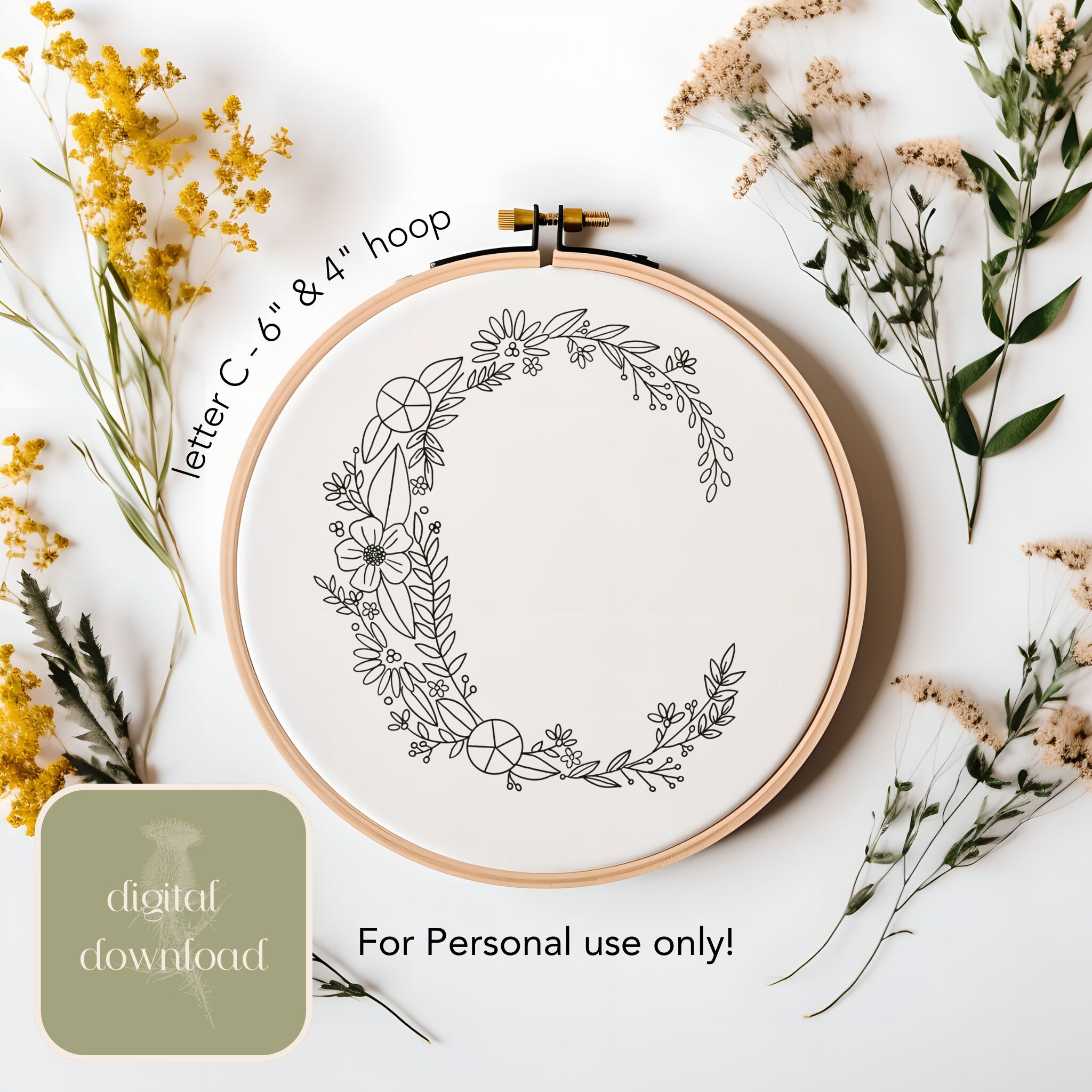 Floral Letter C Hand Embroidery Pattern for 6 and 4 Inch Hoop Whimsical ...