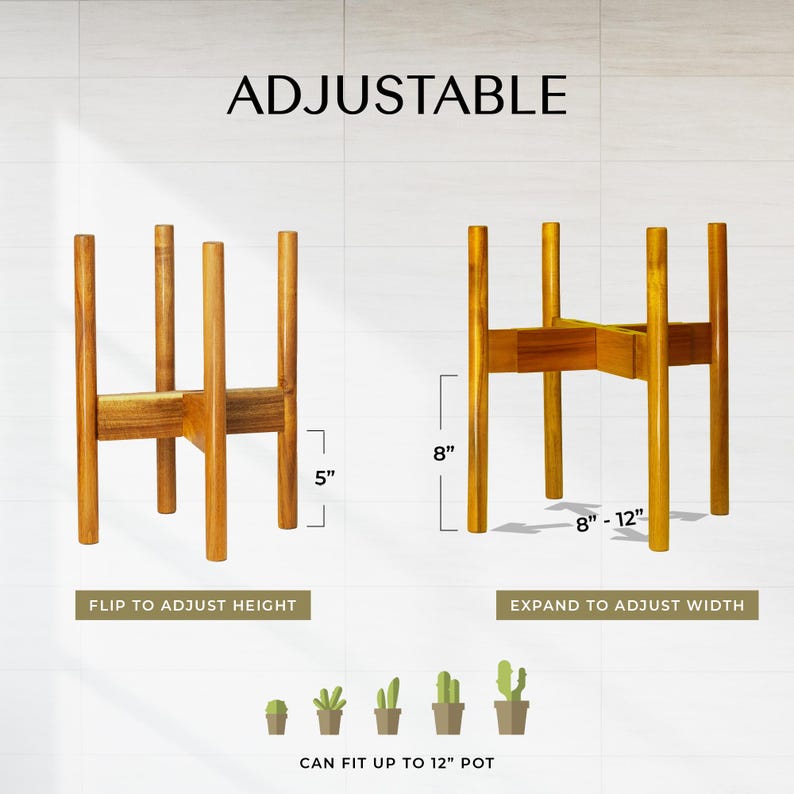 Adjustable Acacia Wood Plant Stand: Mid-century Modern, Fits 8-12" Pots ...