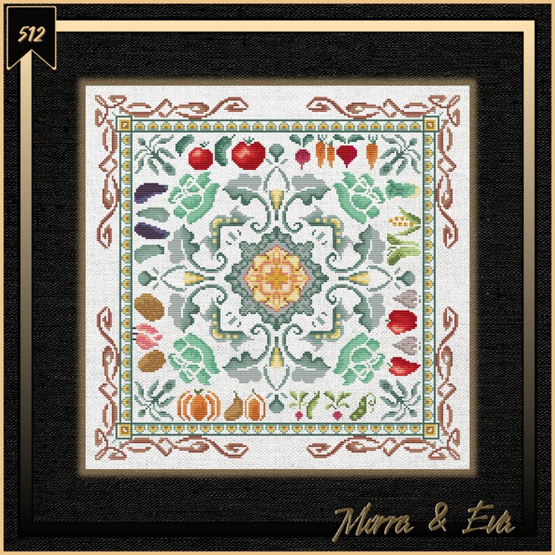 Traditional Harvest Cross-stitch Pattern, Symmetrical Vegetable Sampler ...
