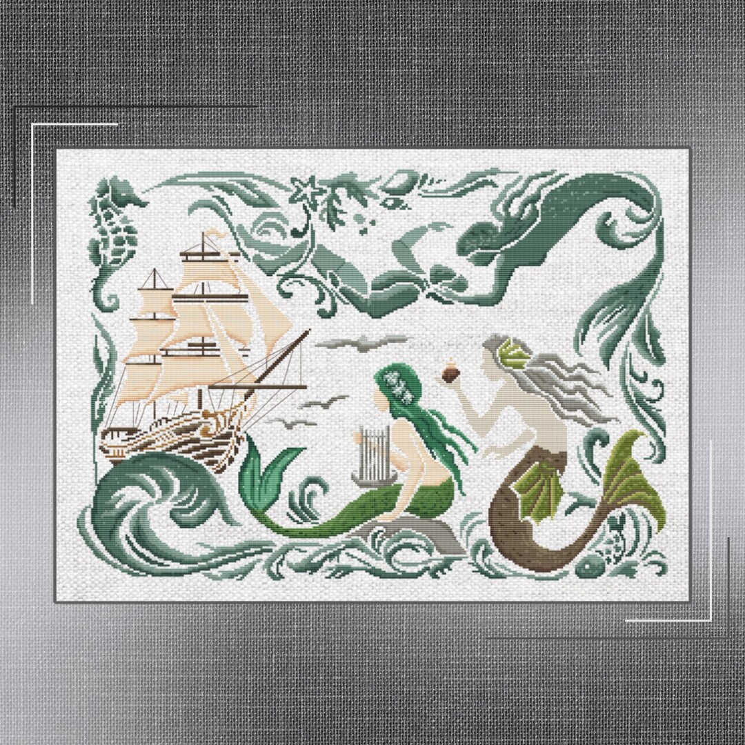 Oceanic Fantasy Cross-stitch Template - Mermaids and Galleon Design ...