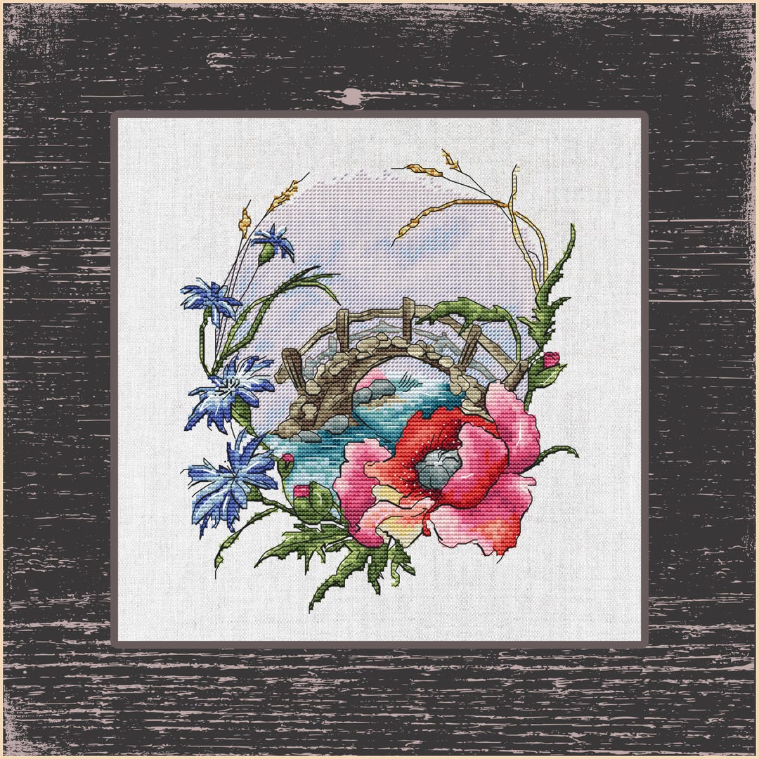 Poppy Bridge Cross Stitch Pattern - Charming Stone Bridge and Floral ...