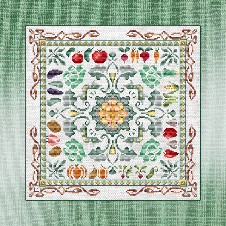 Traditional Harvest Cross-stitch Pattern, Symmetrical Vegetable Sampler ...