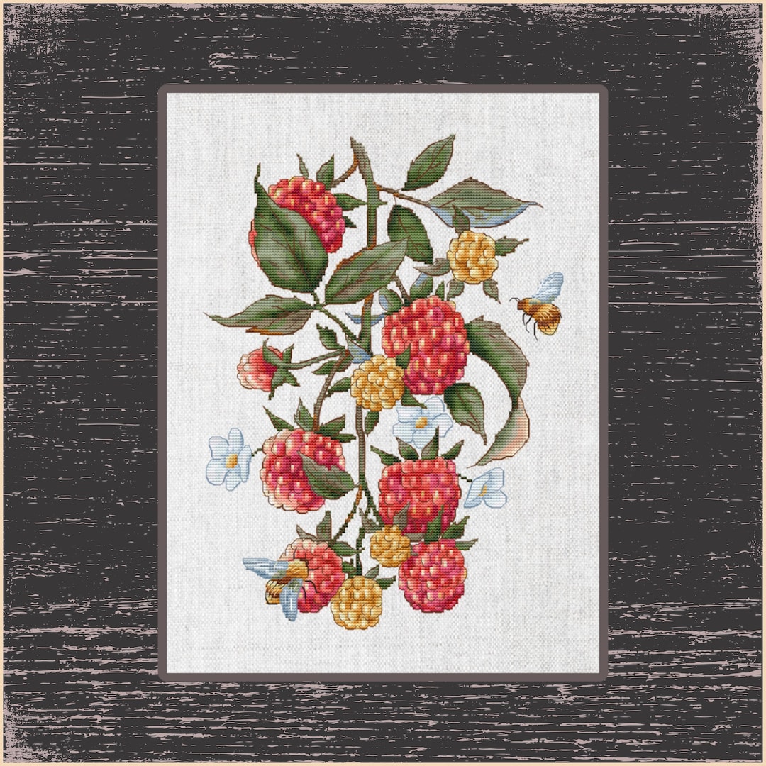 Raspberries Cross Stitch Pattern - Botanical Raspberry Branch ...
