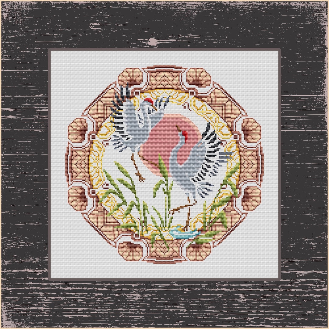 Primitive Japanese Crane Dance Cross Stitch Chart - Floral Embroidery ...