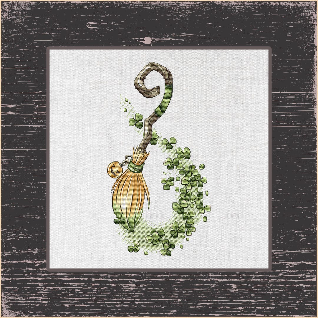 Lucky Clover Witch Broom Cross Stitch Pattern - Celebrate St. Patrick's ...
