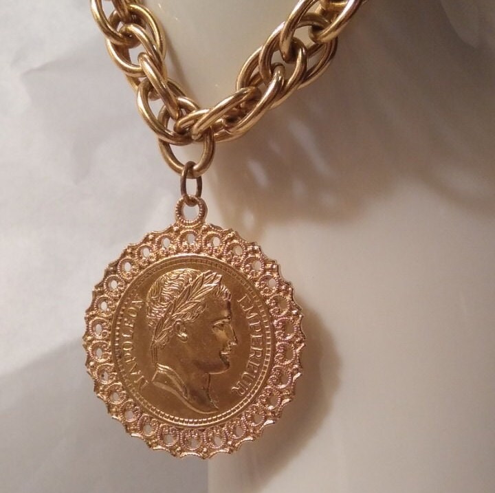 Vintage 1990's Gold Tone Braided Napoleon Emperor Portrait Coin Charm ...