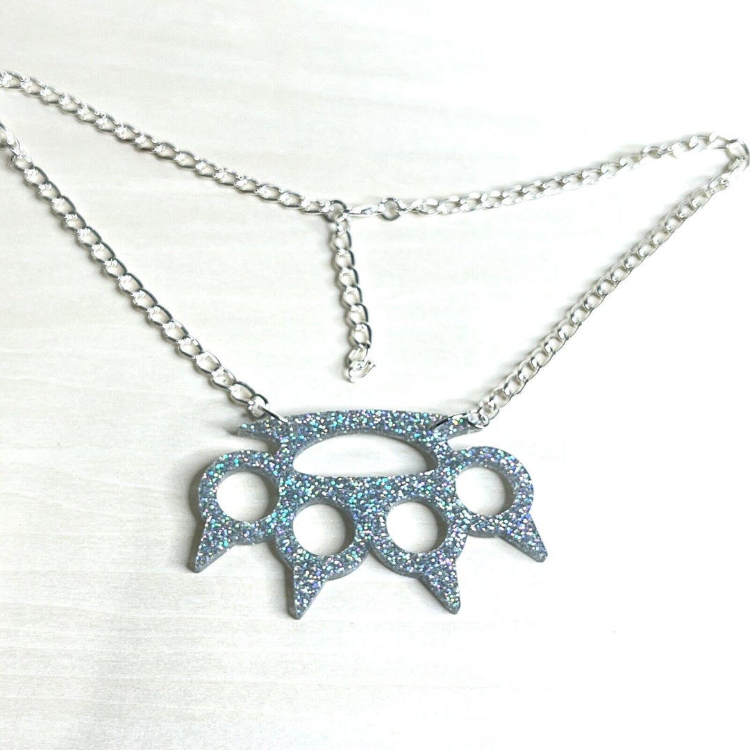 Y2K Glitter Knuckles Necklace - Punk Scene Emo Silver Glitter Acrylic ...