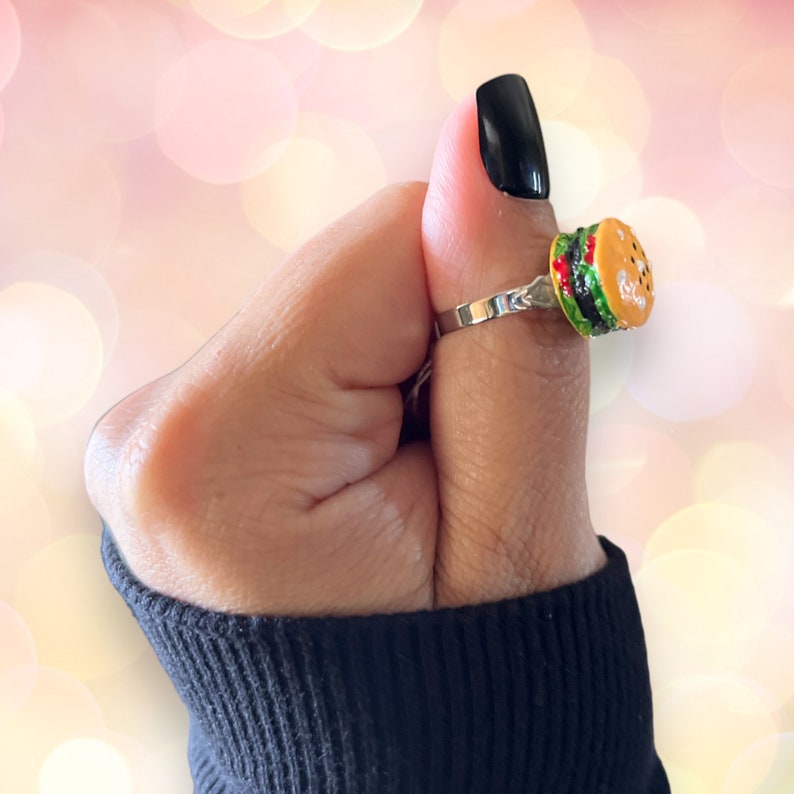 Mini Hamburger Ring – Adjustable Food Jewelry, Kawaii Cheeseburger ...