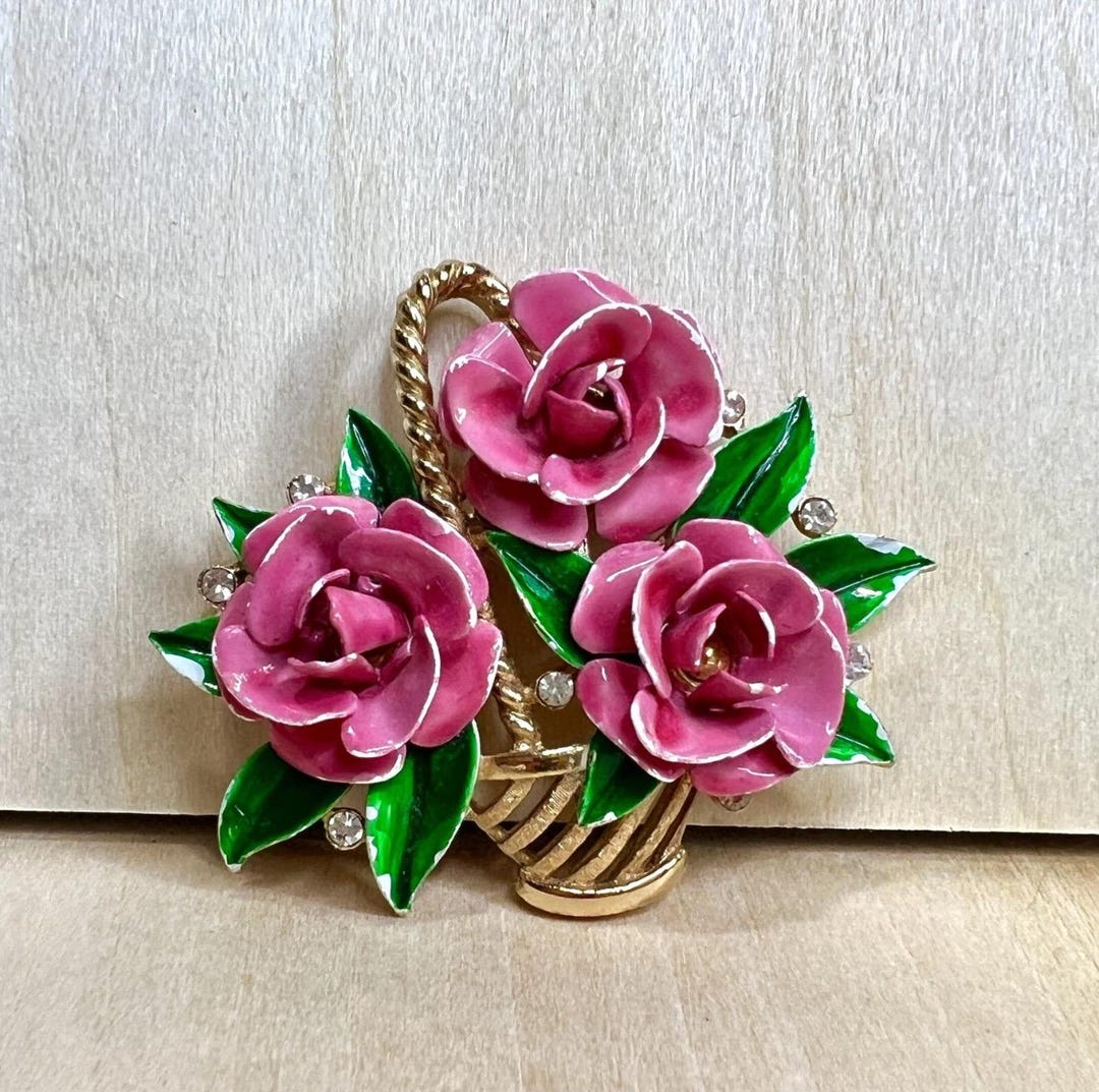 Vintage Crown Trifari Rose Basket Brooch – Pink Enamel Floral ...