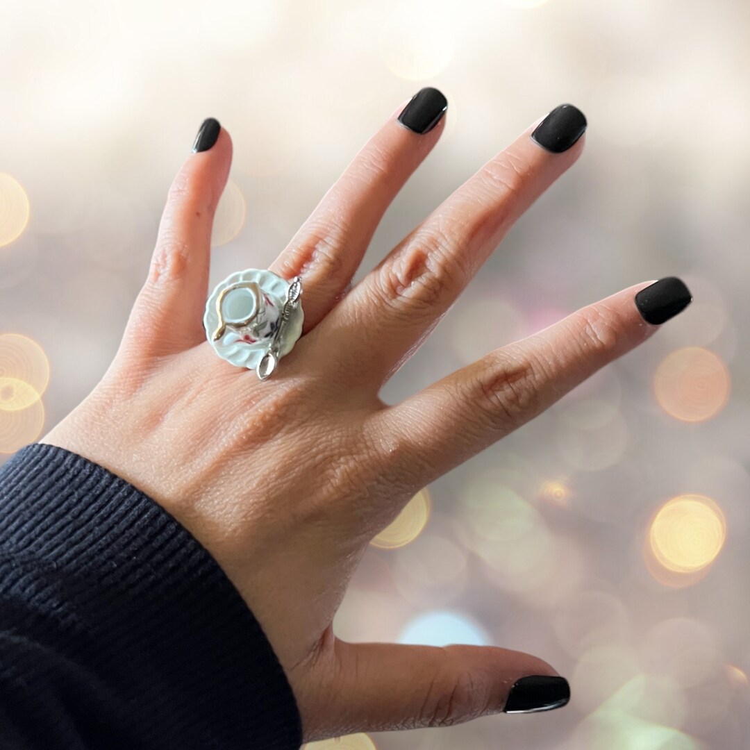 Porcelain Tea Cup Ring – Miniature Latte Jewelry, Adjustable Kawaii Statement Ring, Handmade Tea ...
