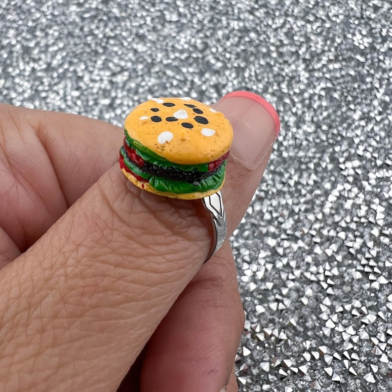 Mini Hamburger Ring – Adjustable Food Jewelry, Kawaii Cheeseburger ...