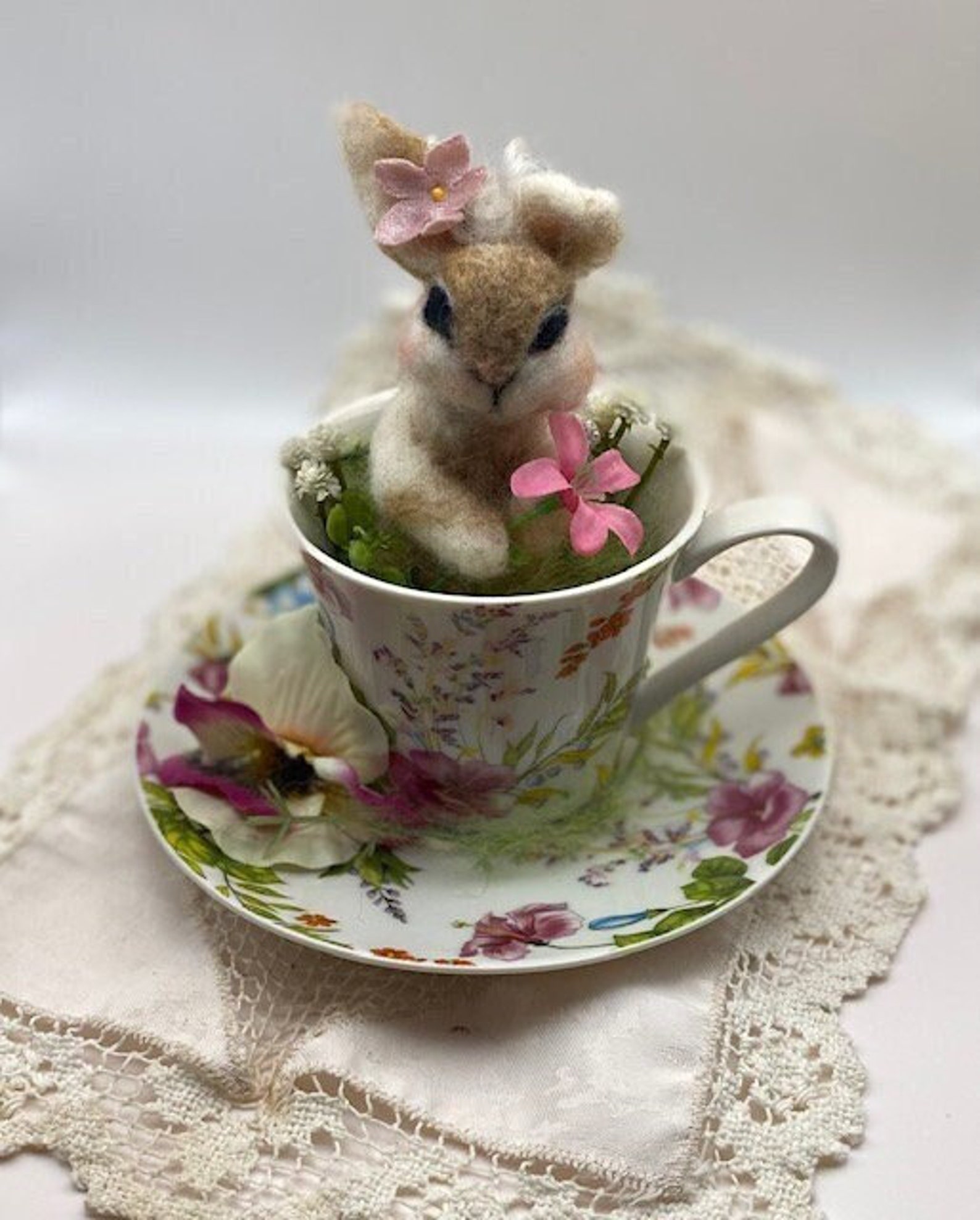 Needle Felted Wool Adorable Flowery Tea Cup Bunny,easter Rabbit ...