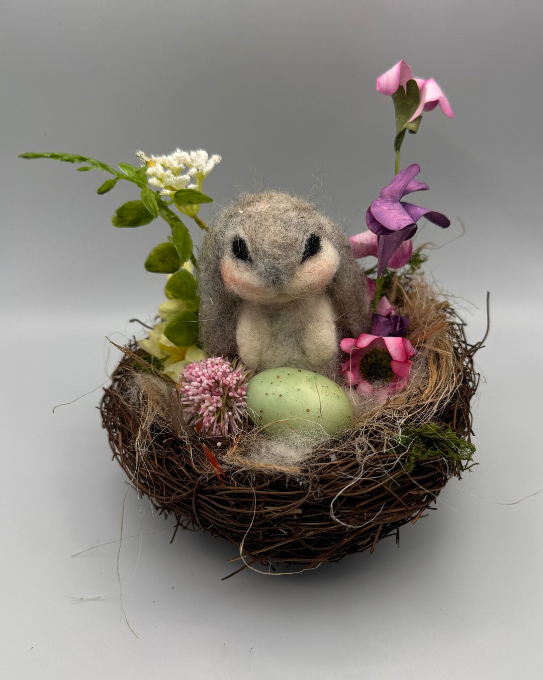 Needle Felted Wool Bunny Rabbit,twig Bird's Nest,purple Eggs,easter ...
