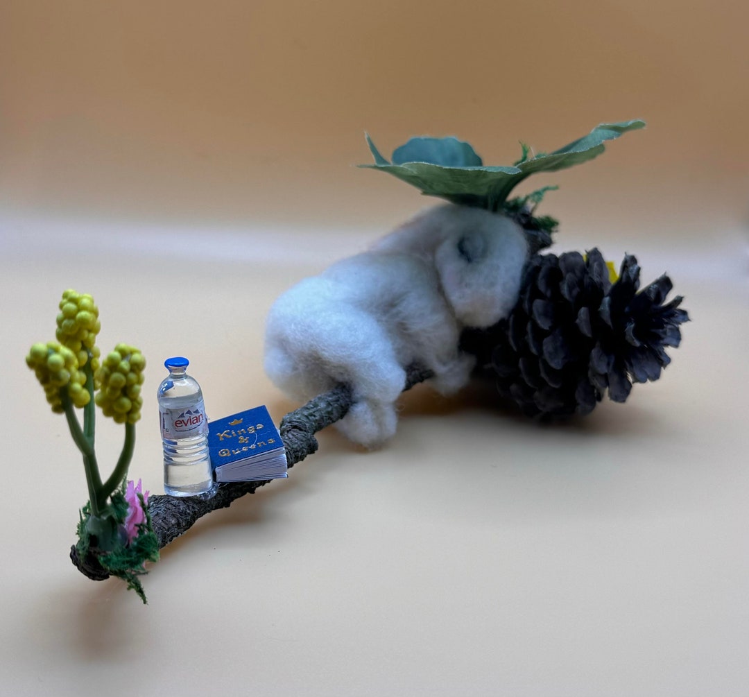 Needle Felted Wool Bunny Rabbit Sleeping,holding Tight Stick,resting ...