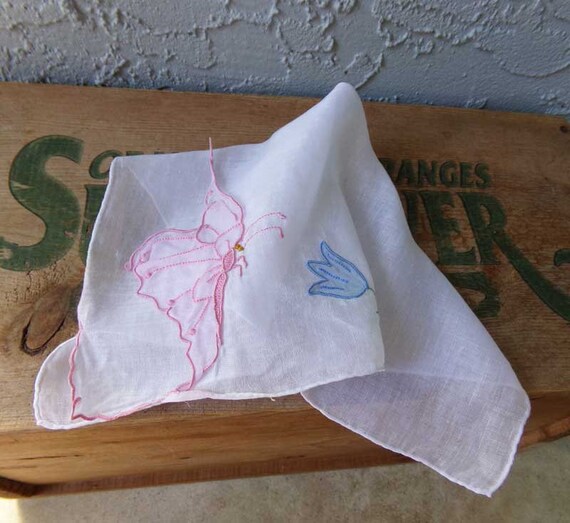 Butterfly handkerchief, vintage butterfly flower hank… - Gem