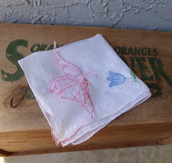 Butterfly handkerchief, vintage butterfly flower hank… - Gem