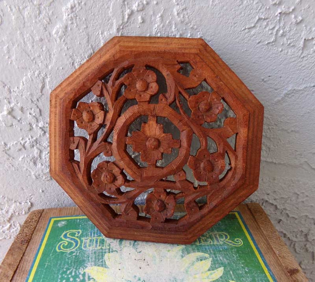 Wooden Trivet, Wood Trivet Hot Plate, Carved Wood Trivet, Vintage ...