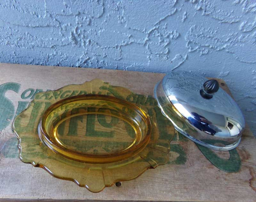 Yellow Glass Cloche Dish, Cloche Serving Dish, Yellow Glass Serving ...