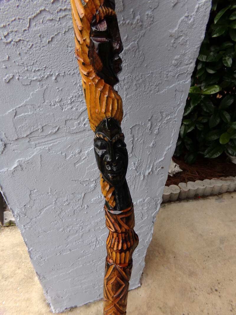 Carved Wood Walking Stick, African Head Carved Walking Stick, Hand ...