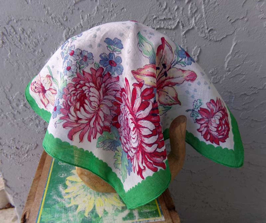 Green Floral Handkerchief, Flower Handkerchief, Green Hankie, Floral ...