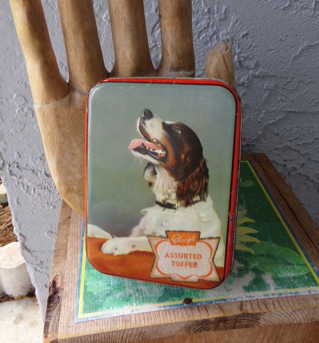 Sharp English Candy Tin, Vintage English Candy Tin, Vintage Dog Tin Can ...