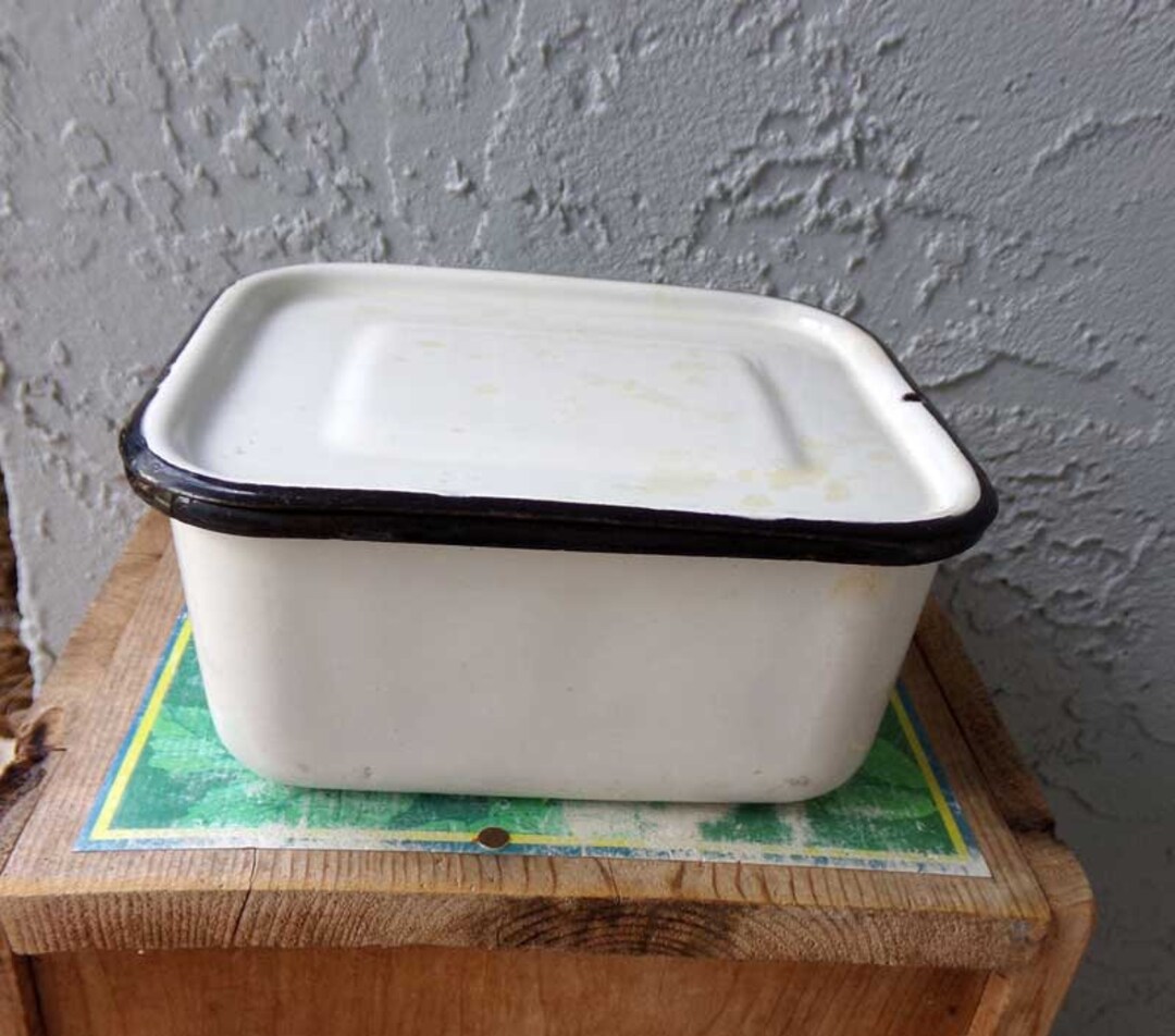Black and White Enamel Container With Lid, Enamelware Container, Black ...