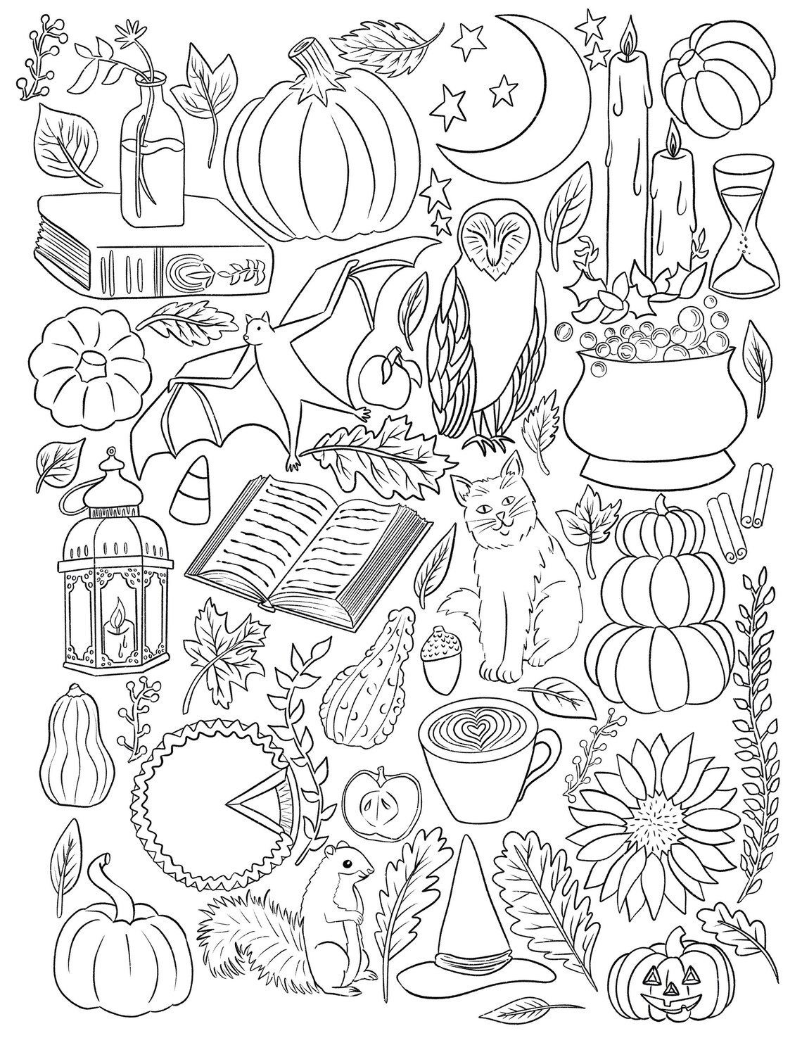 Autumn Coloring Page, Coloring Sheet With Fall Pumpkins, Leaves ...