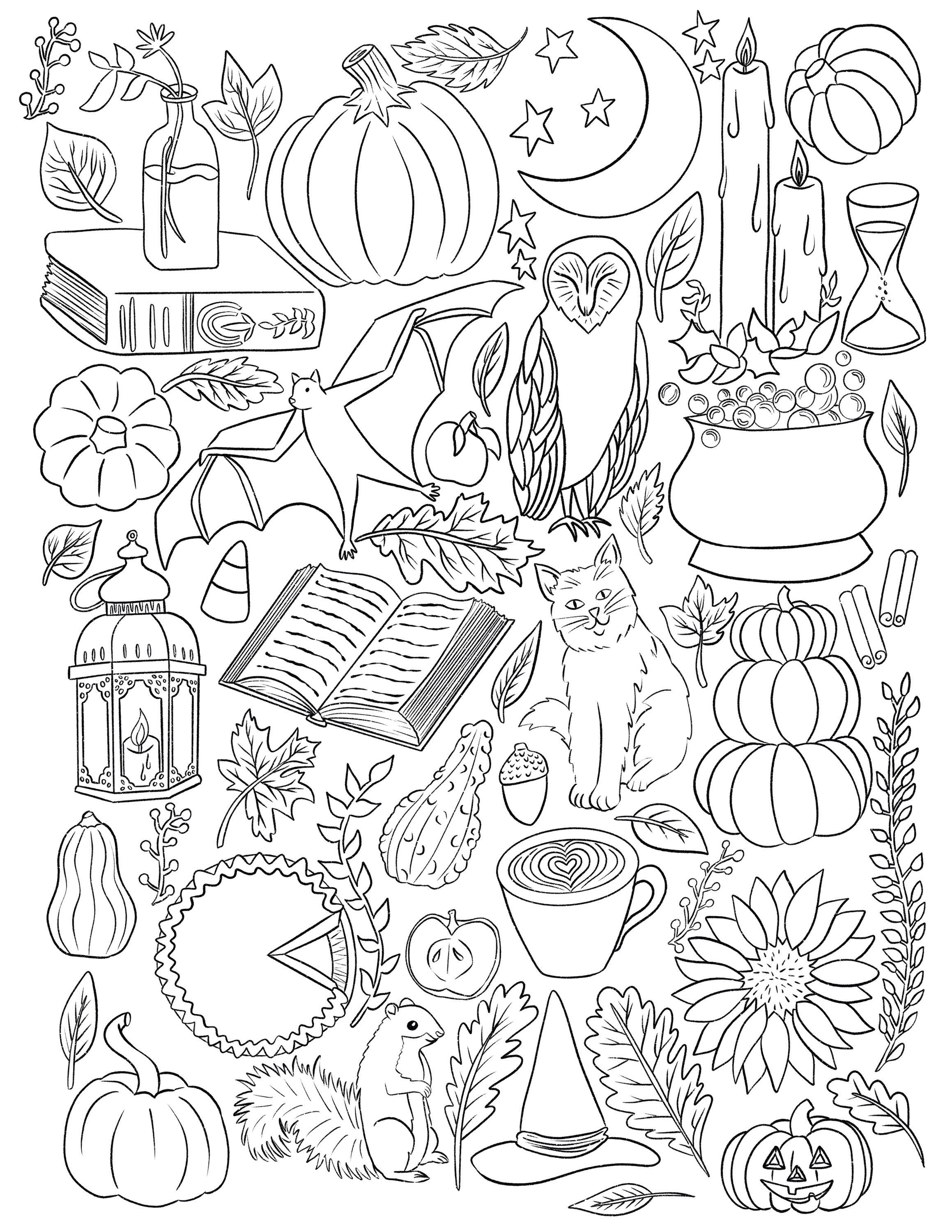 Autumn Coloring Page, Coloring Sheet With Fall Pumpkins, Leaves ...
