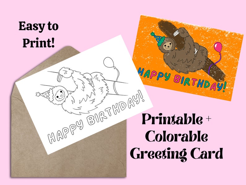 Printable Sloth Coloring Birthday Card, Print at Home Birthday Card ...