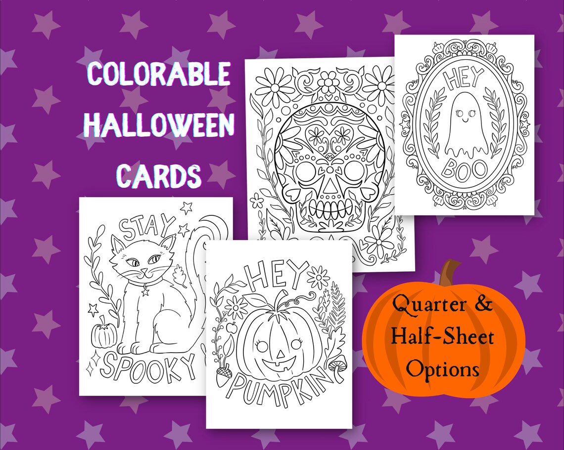 Printable and Colorable Halloween Cards Halloween Mini Cards - Etsy