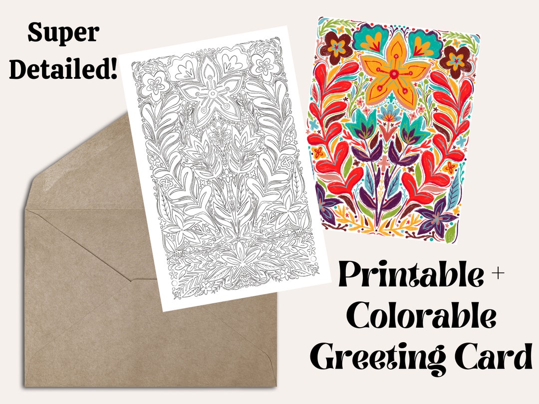 Printable Colorable Greeting Card, Adult Coloring Card, Highly-detailed ...