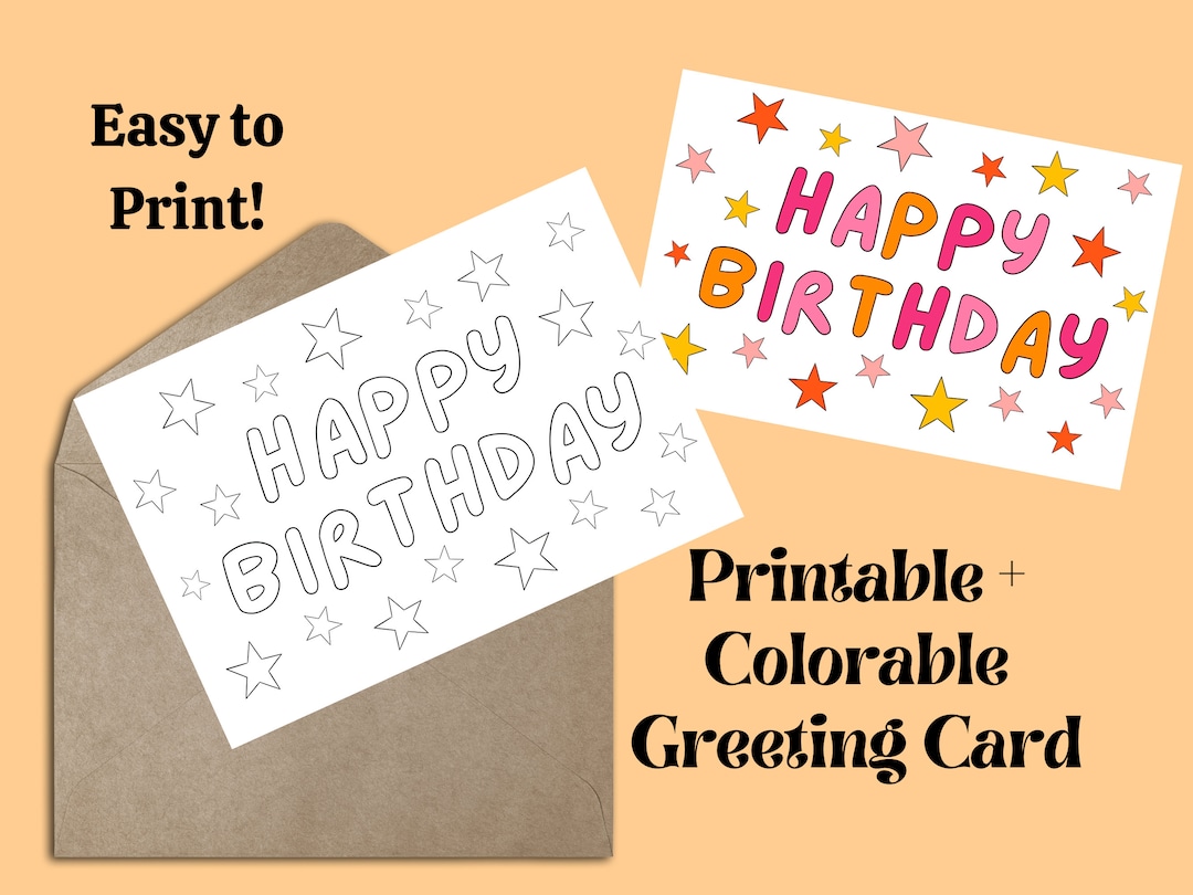 Printable Coloring Birthday Card, Print at Home Birthday Card, Greeting ...