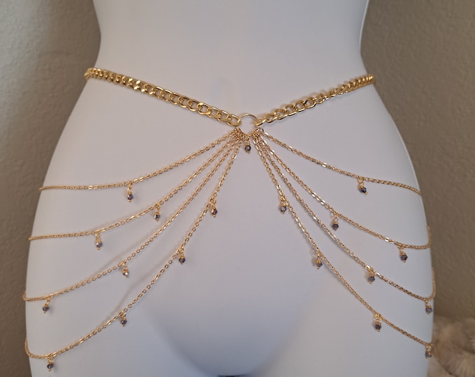 Chunky Gold Colored Waist Chain With Draping Chain and Faceted Bicone ...